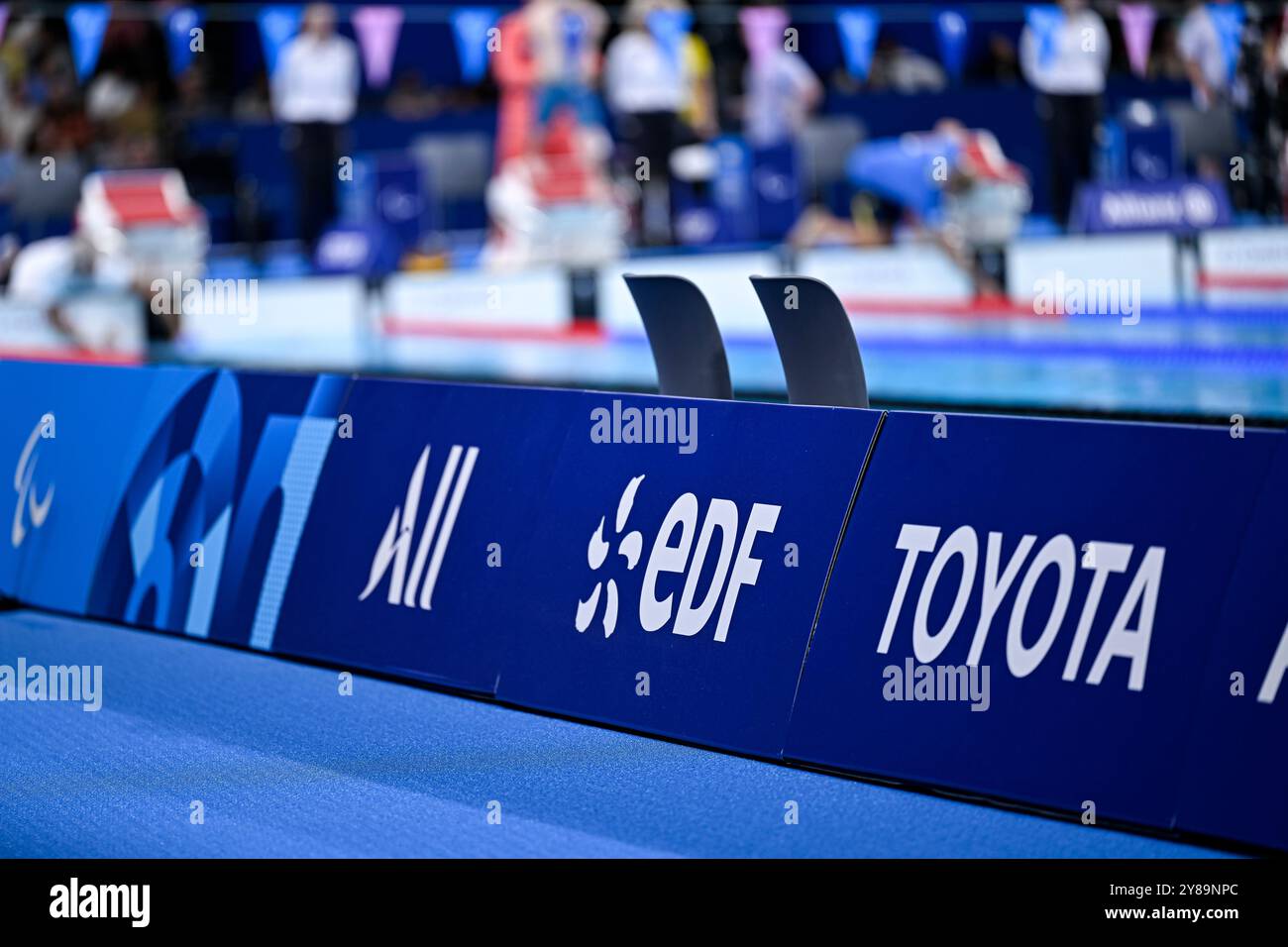 Illustration view of the olympic swimming pool with official sponsors ...
