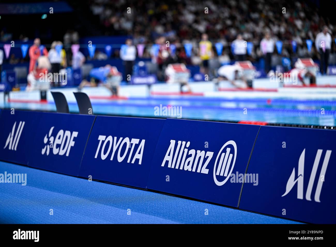 Illustration view of the olympic swimming pool with official sponsors ...