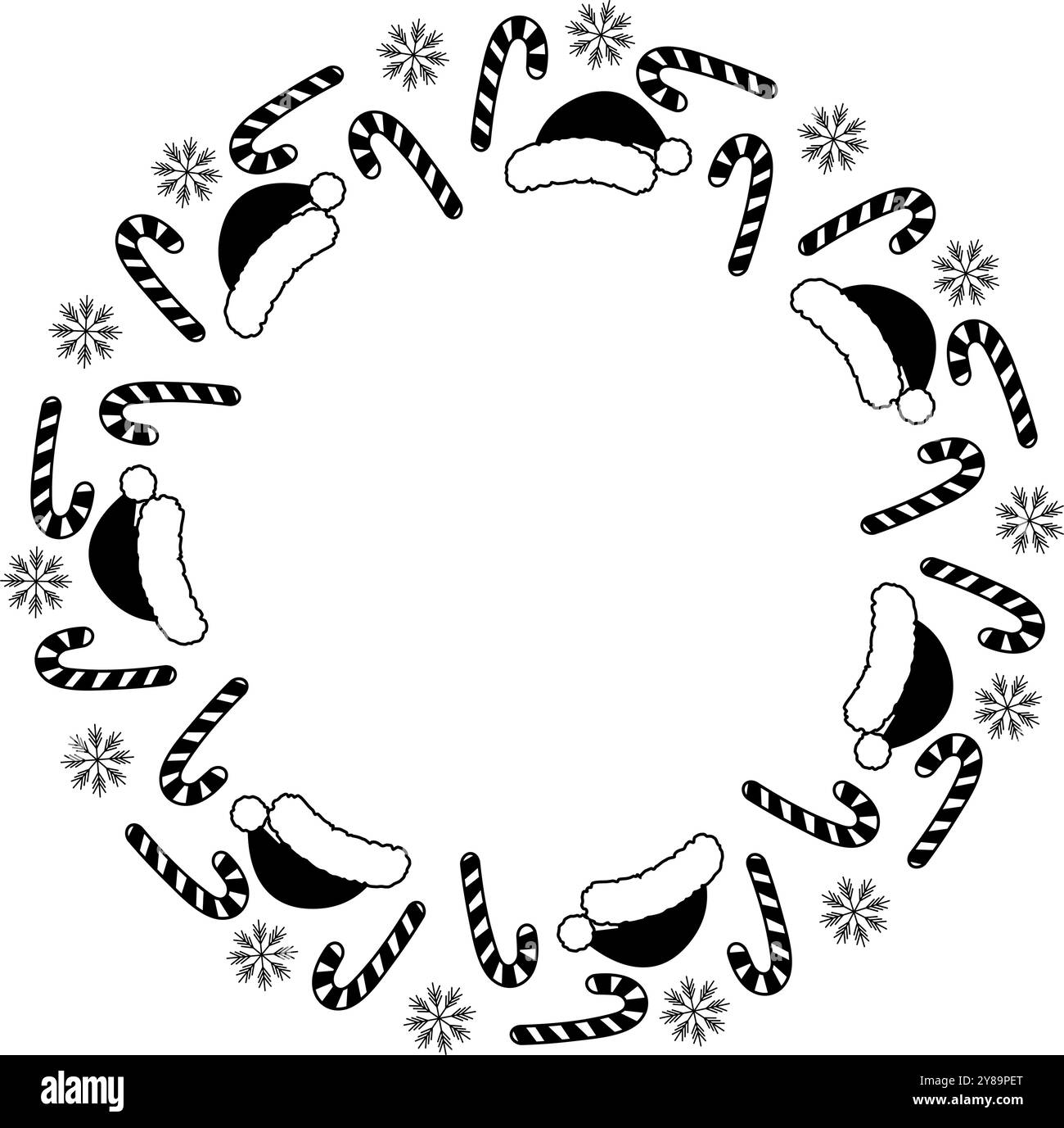 Candy cane, Santa caps and snowflakes Black and white Round Frame ...