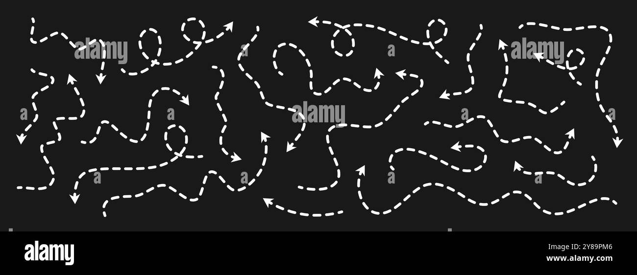 Various dotted thin arrows set. Wavy and curved dashed pointers ...