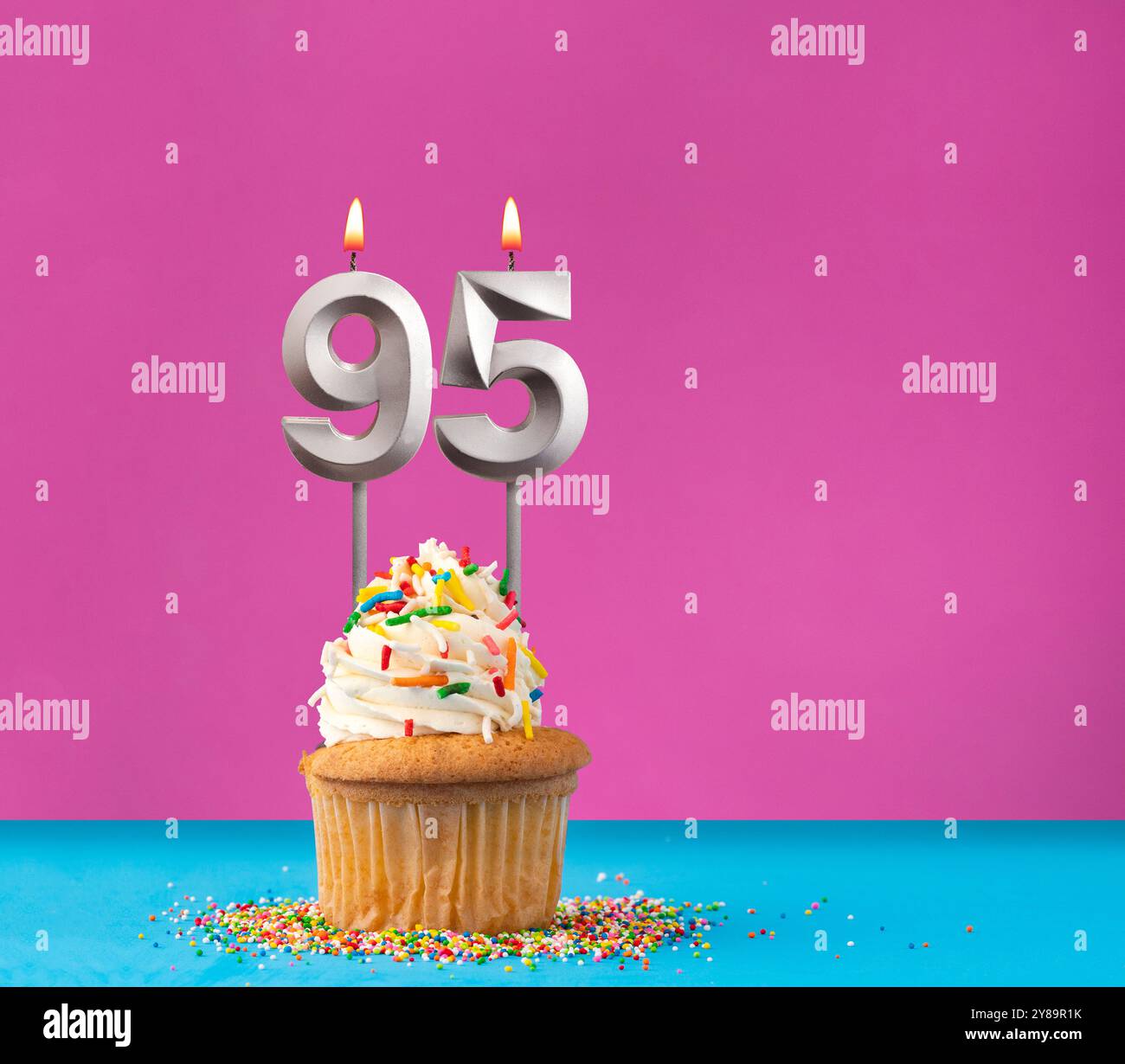 Cupcake with birthday candle number 95 - Anniversary card on blue and ...