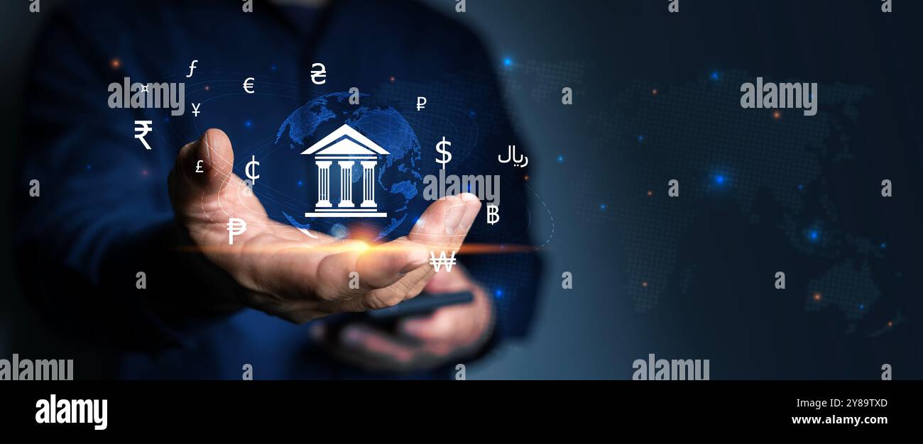 Online banking interbank payment concept. Businessman with virtual ...