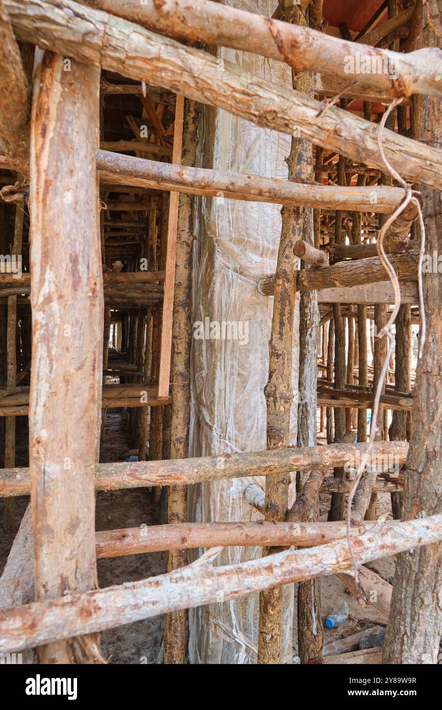 Old construction style concrete form, support work made of wood, logs ...