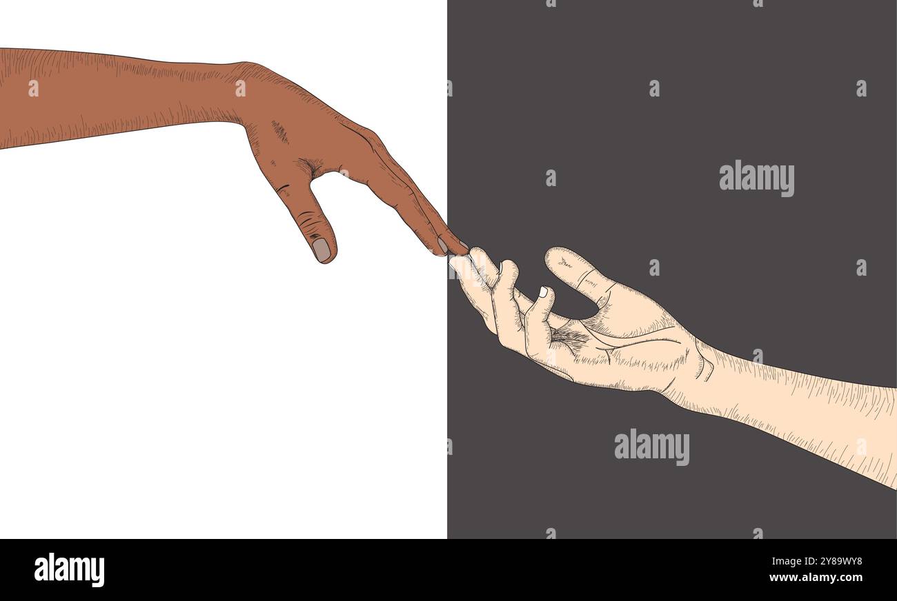 black man and white man hands touching each other sketch, two hand ...