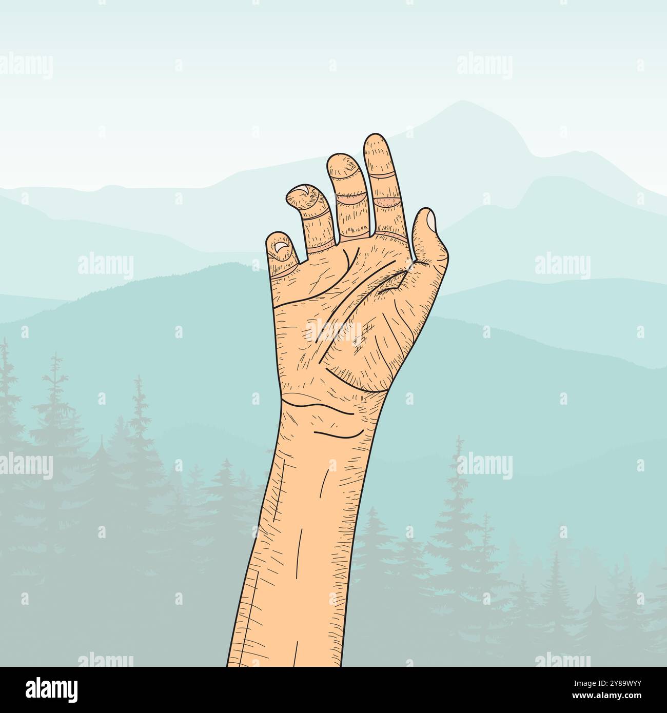 Fingers Up Hand Illustration Drawing with mountain background ...