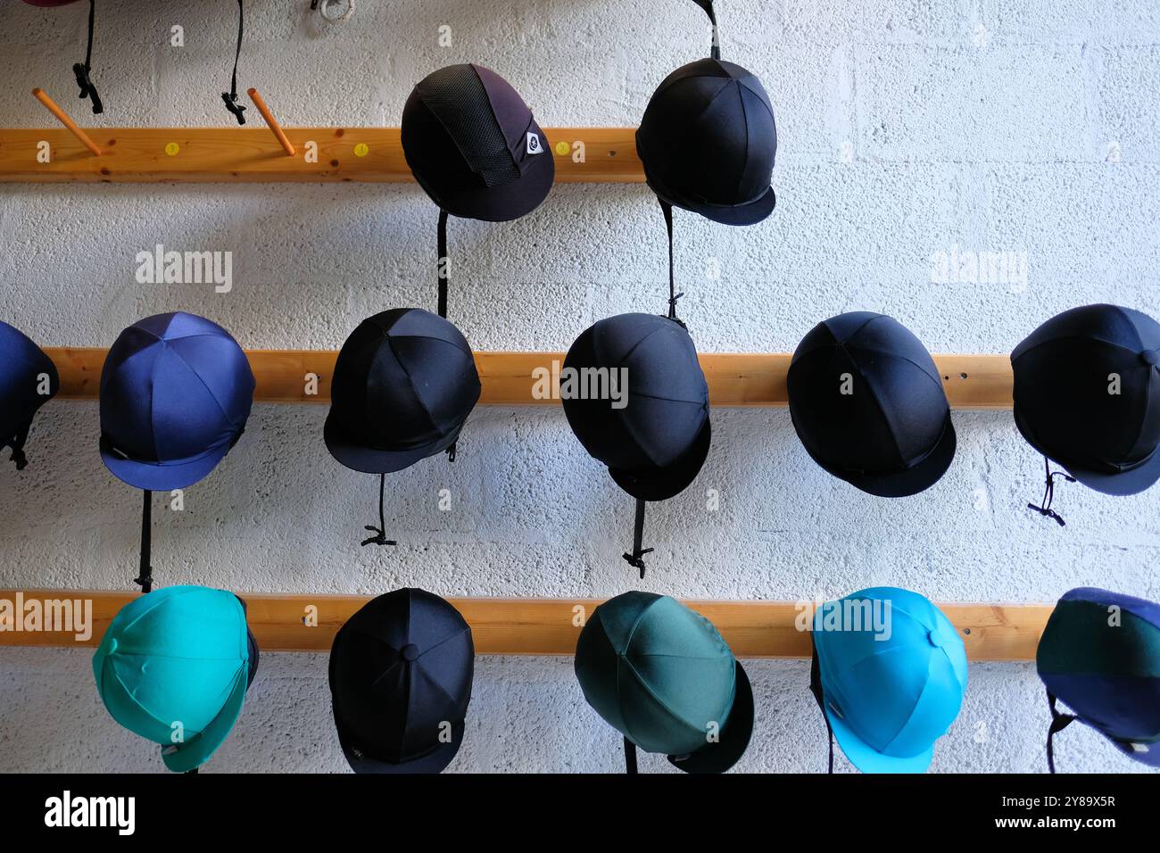 Equestrian helmets hanging on a wall; protective headgear worn when ...