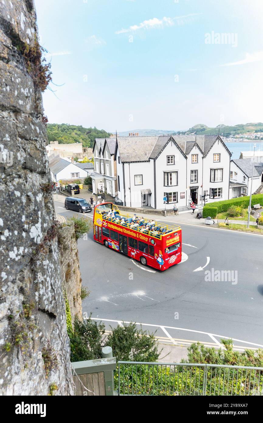 Conwy Wales - July 31 2024; Tourist bus driving around roundabout below ...