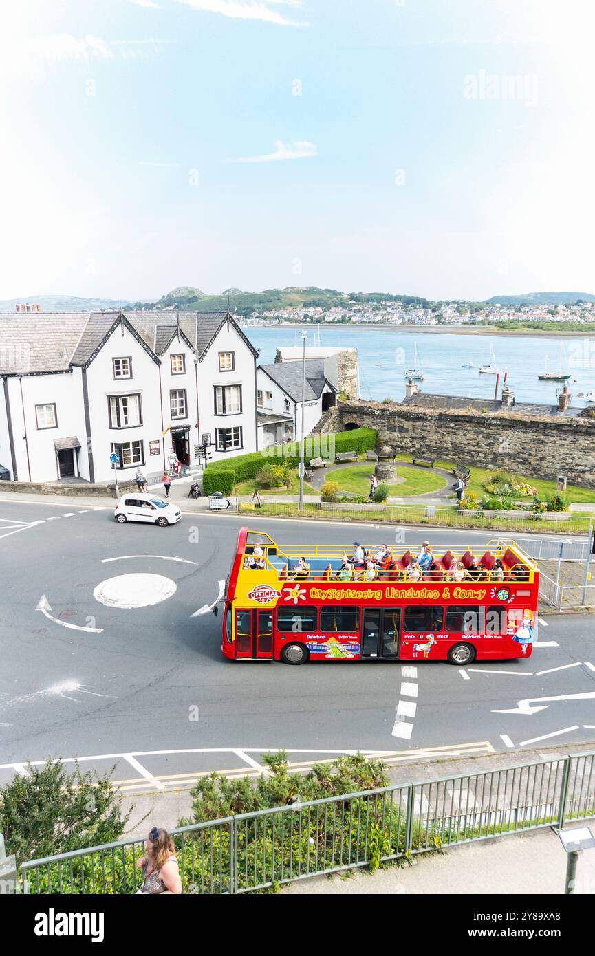Conwy Wales - July 31 2024; Tourist bus driving around roundabout below ...