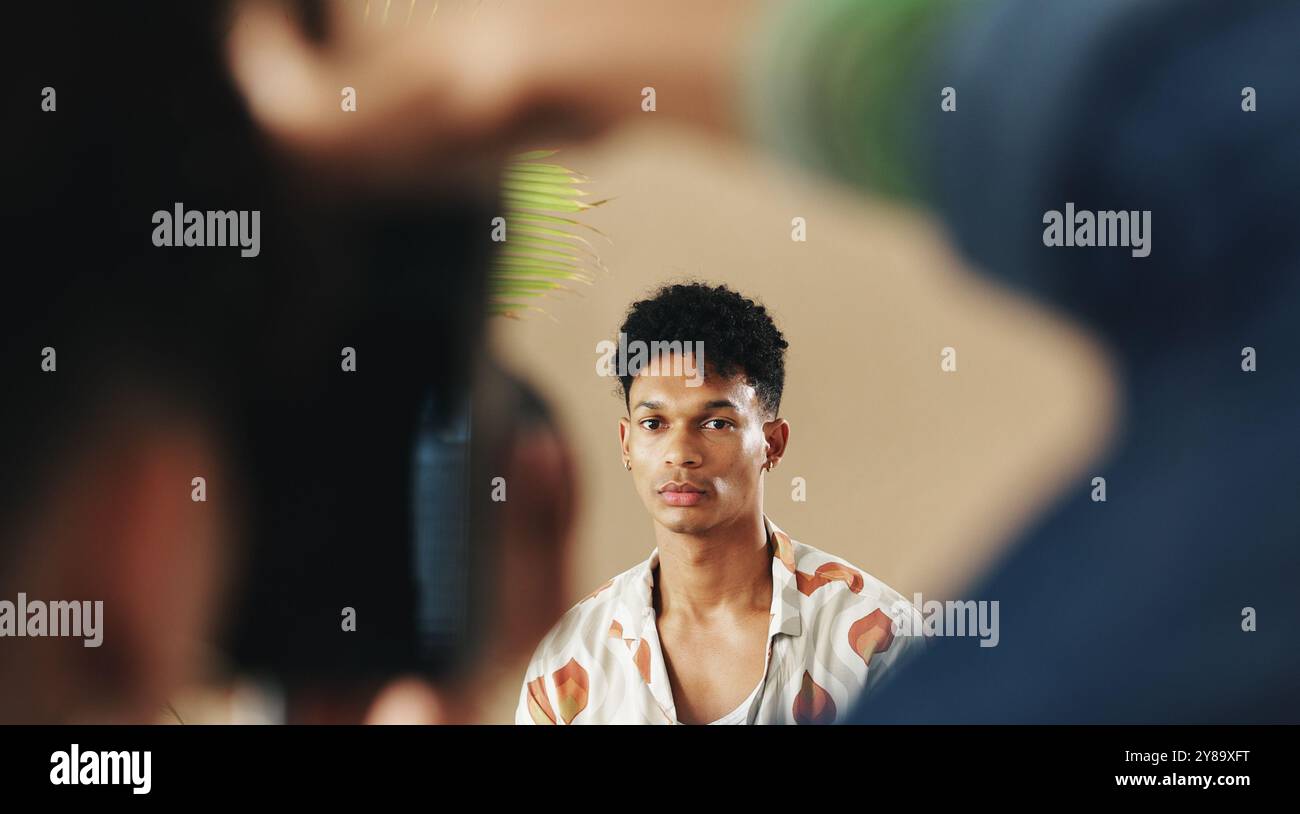 Photography, fashion and camera with model in studio for magazine ...