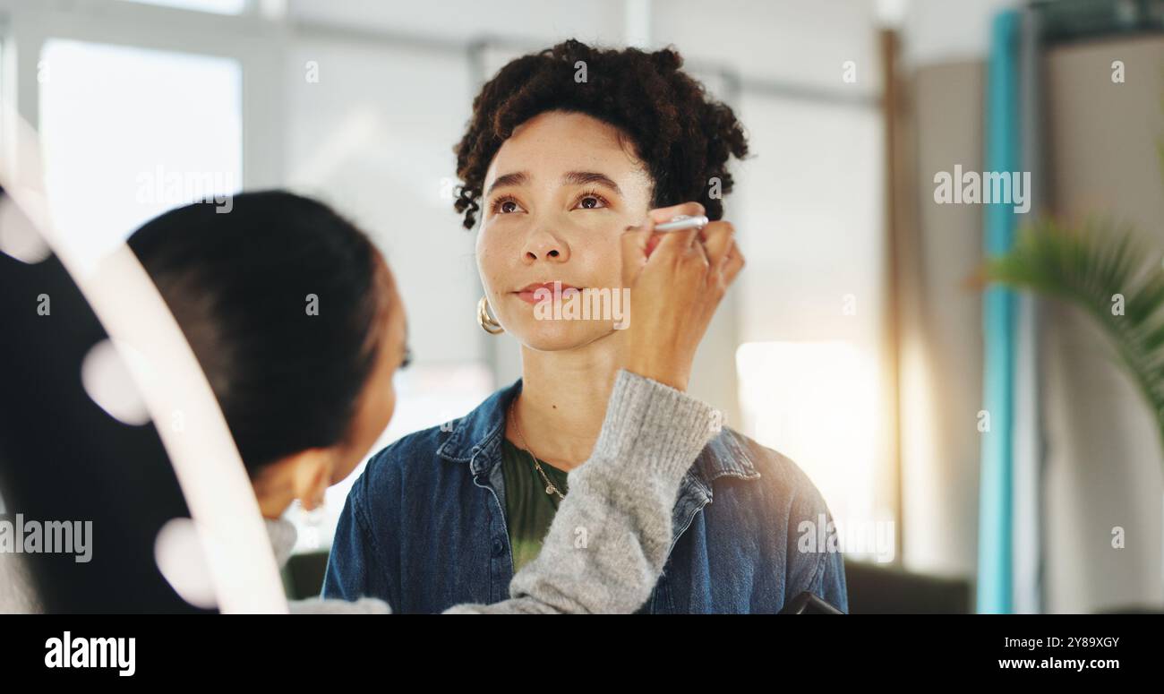 Artist, backstage and makeup for woman, photoshoot and preparing for ...