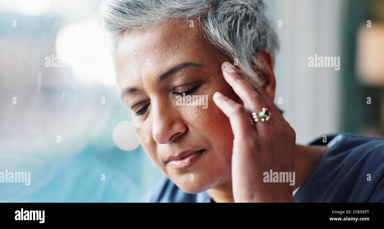 Mature woman, doctor and headache at hospital window with burnout ...