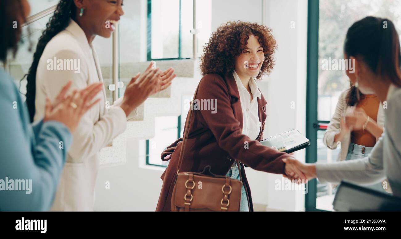 Business, women and applause at office with handshake for recruitment ...