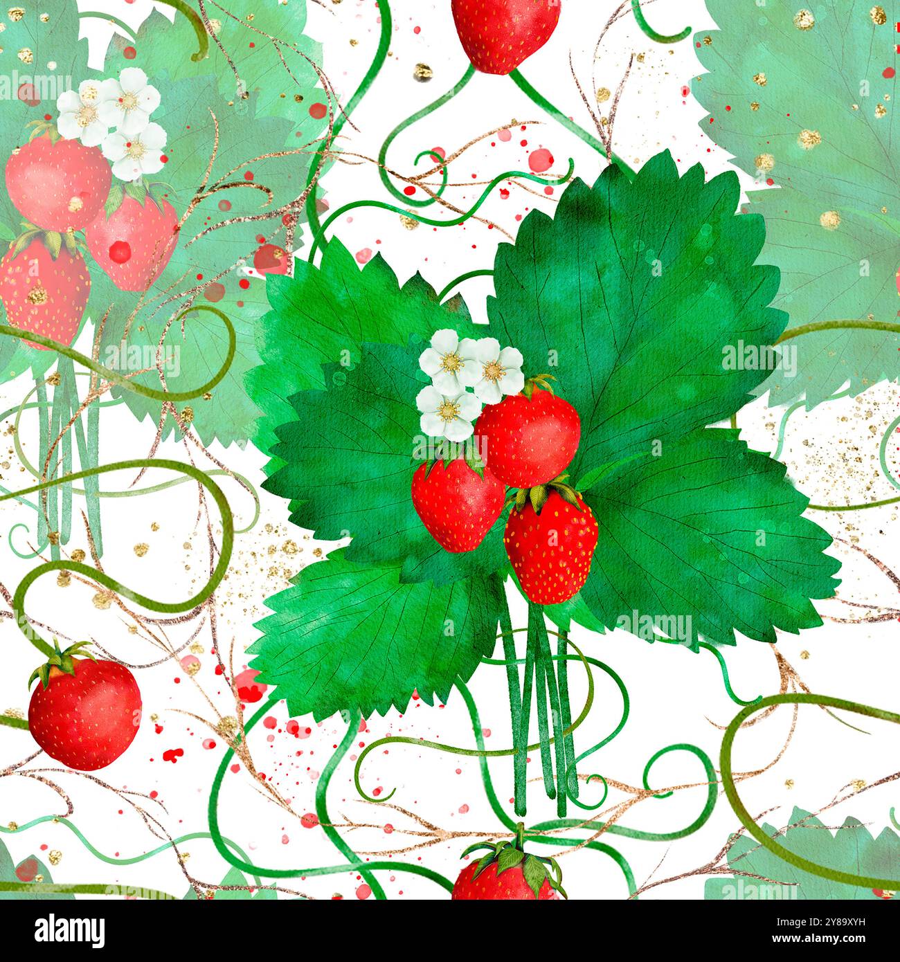 Vibrant, colorful strawberries paired with lush, green leaves create a ...