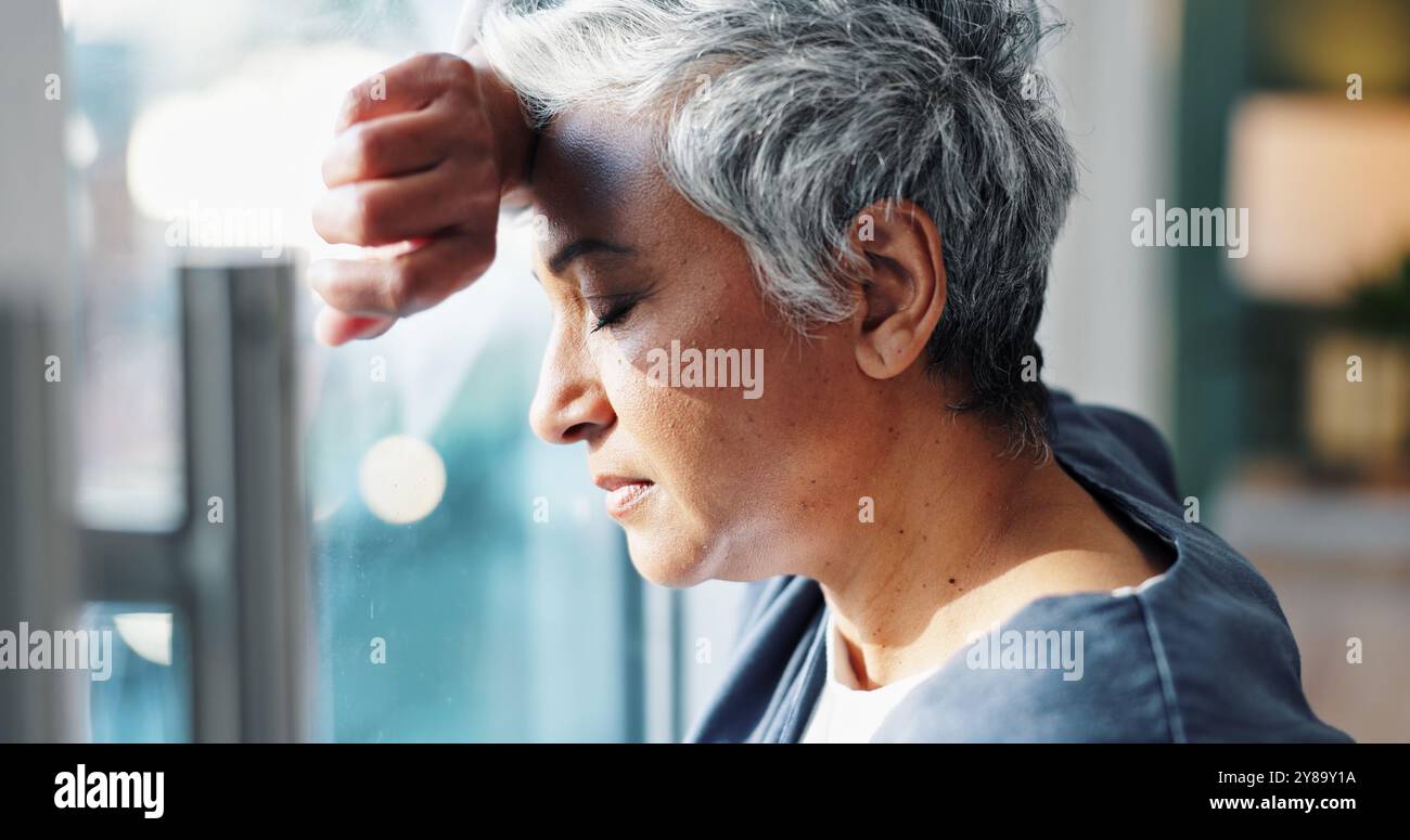Mature woman, doctor and stress at hospital window with burnout ...