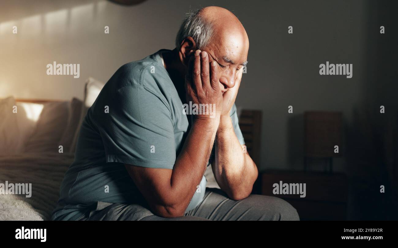 Retirement, thinking and old man in home, illness and depression in ...