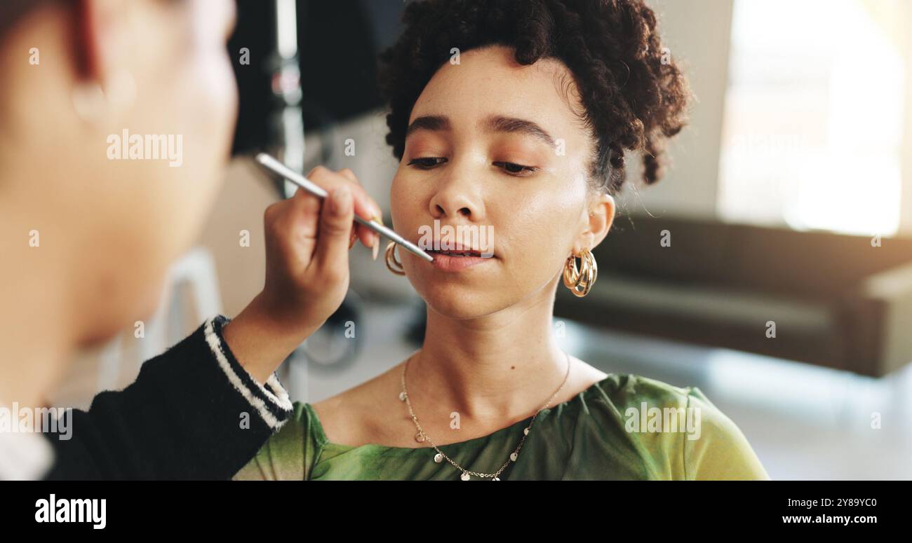 Brush, studio and makeup for woman, photoshoot and preparing for ...