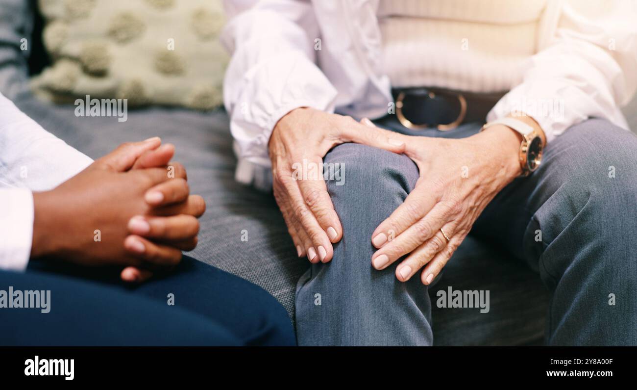 Senior, hands and knee pain with nurse in home with injury, accident or ...