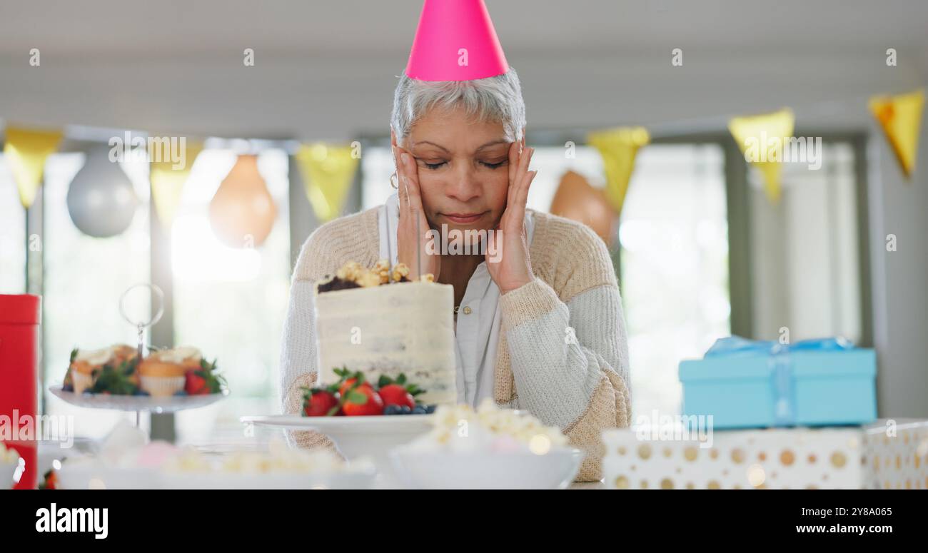 Sad, birthday and senior woman in home for failed party, celebration or ...