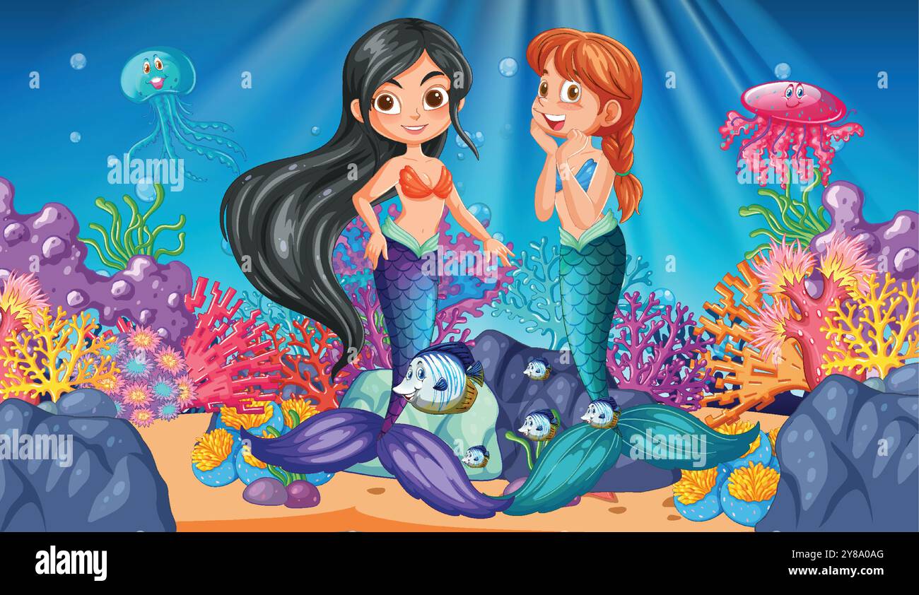 Two mermaids exploring a colorful coral reef Stock Vector Image & Art ...