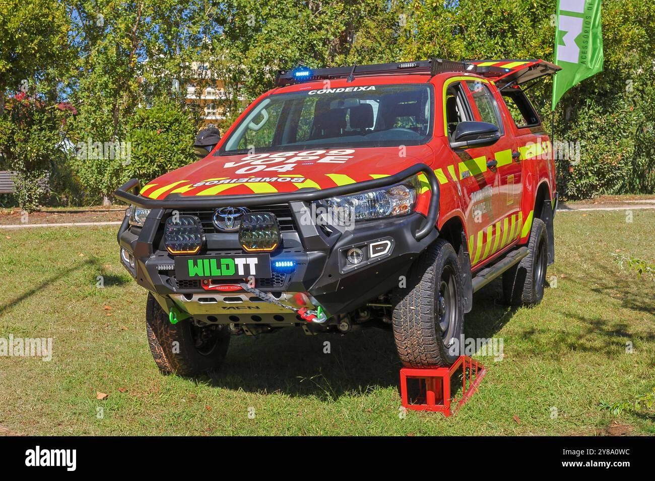 Red fire rescue truck parked on green grass with its emergency lights ...