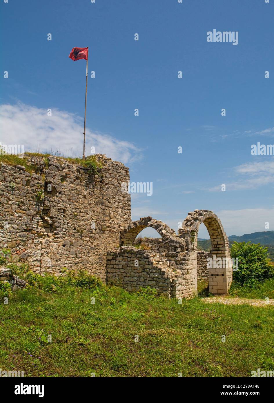 The fortified gallery walls of the 13th century Berat Castle, southern ...