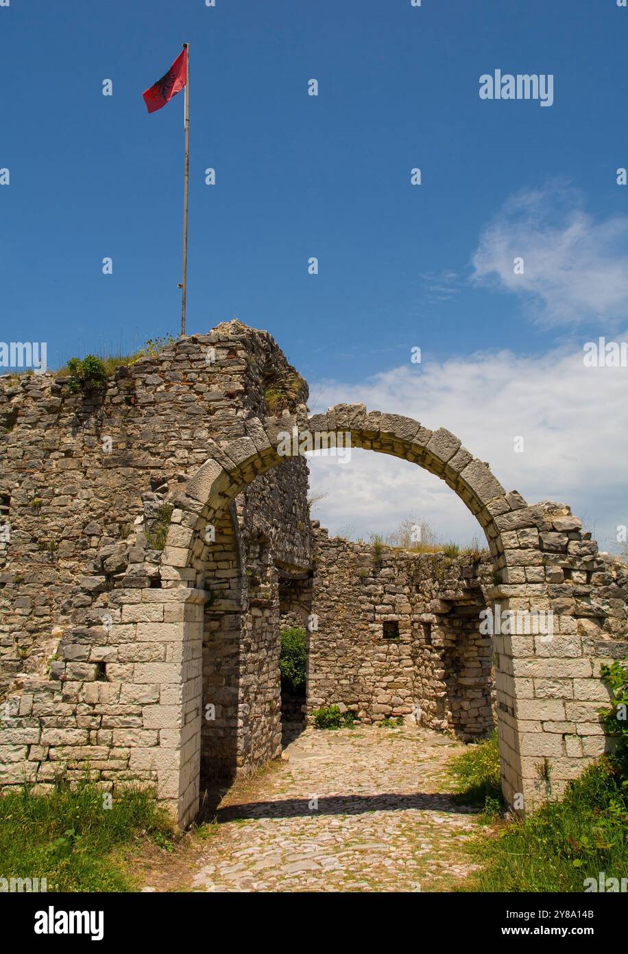 The fortified gallery walls of the 13th century Berat Castle, southern ...