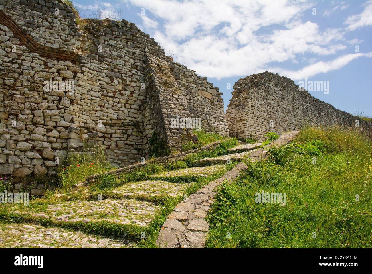 The fortified gallery walls of the 13th century Berat Castle, southern ...