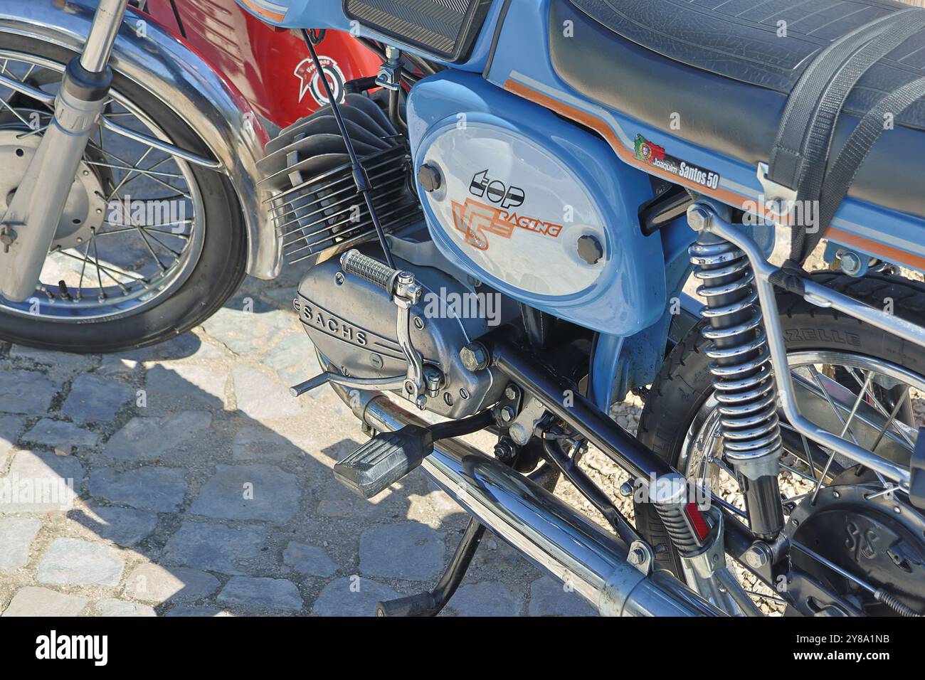 Close up of a vintage sachs v5 motorcycle engine and exhaust ...