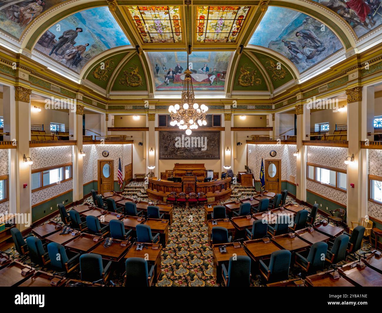The stained glass skylight and murals over the Senate Chamber at the ...