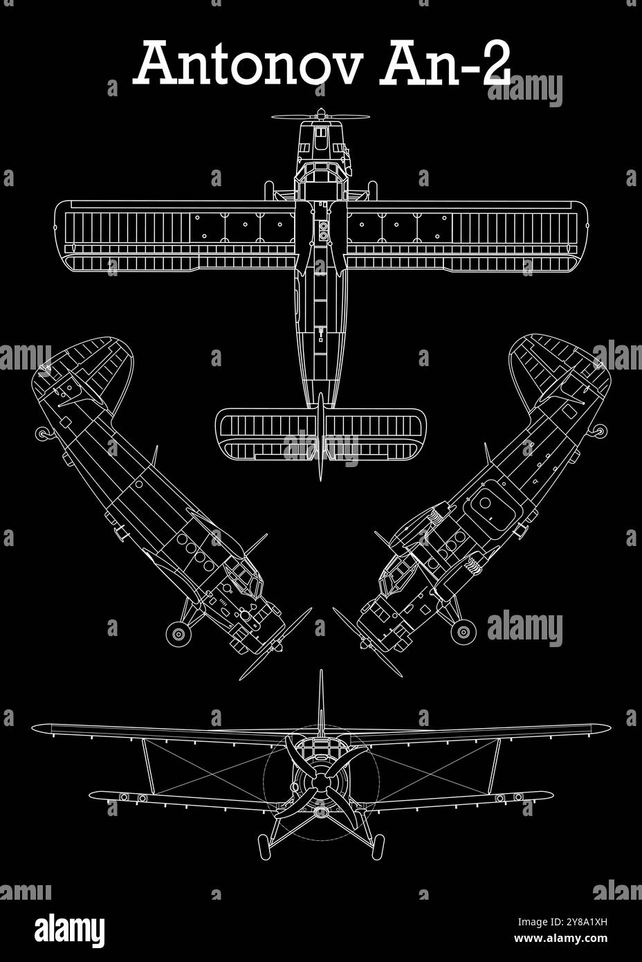 Blueprint of the Antonov An-2, a Soviet-era biplane. The blueprint ...