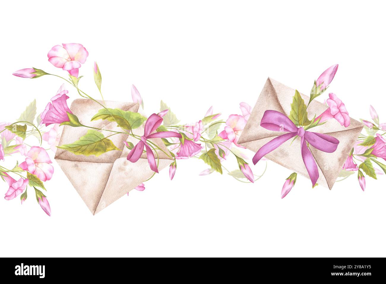 Pink morning glory Convolvulus, postal envelopes and ribbon. Seamless ...