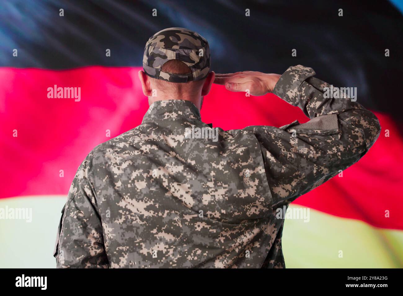 Portrait Of German Soldier Saluting In Front Of Flag Stock Photo - Alamy