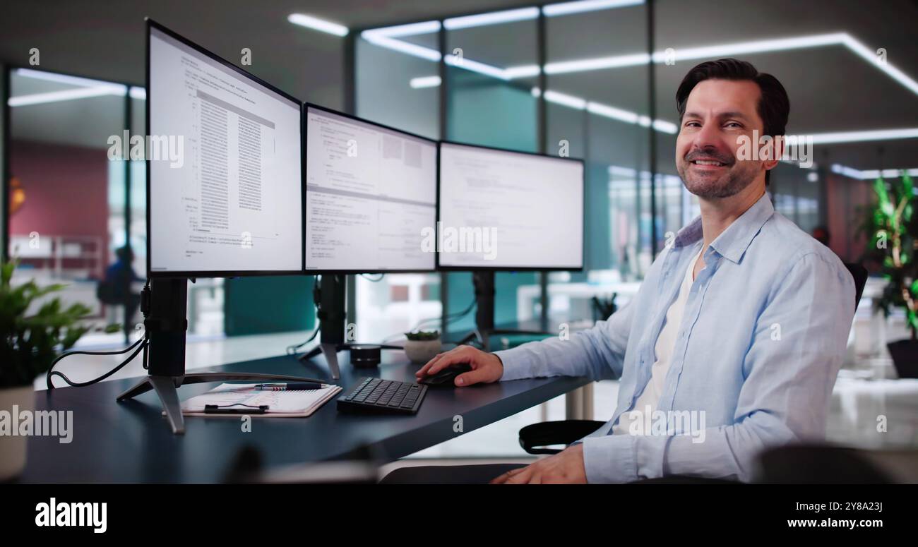 Programmer Man Coding On Multiple Computer Screens Stock Photo - Alamy