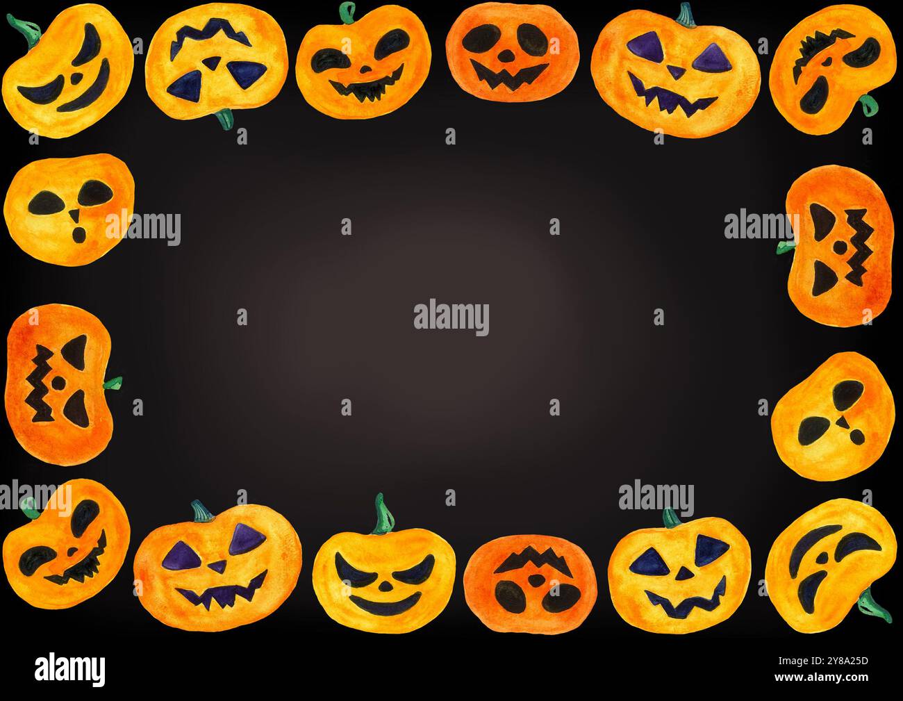 Frame of jack o lantern pumpkins. Watercolor. All pumpkins have ...
