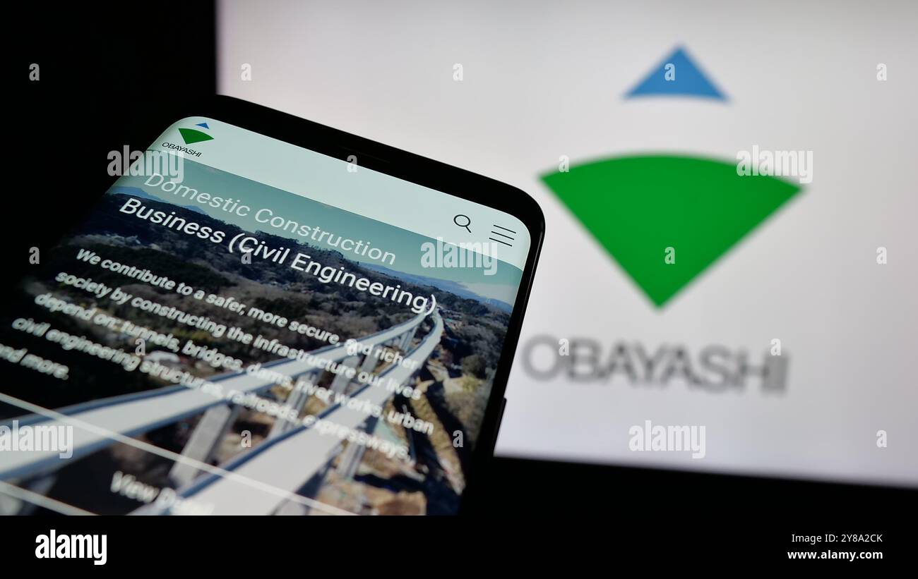 Smartphone with website of construction company Obayashi Corporation on ...