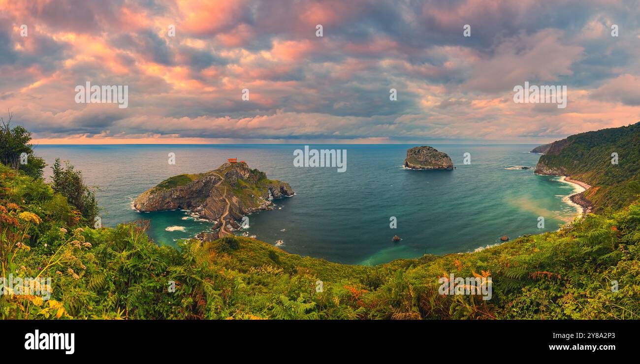 Panoramic sunset at San Juan de Gaztelugatxe, Basque Country, Spain ...