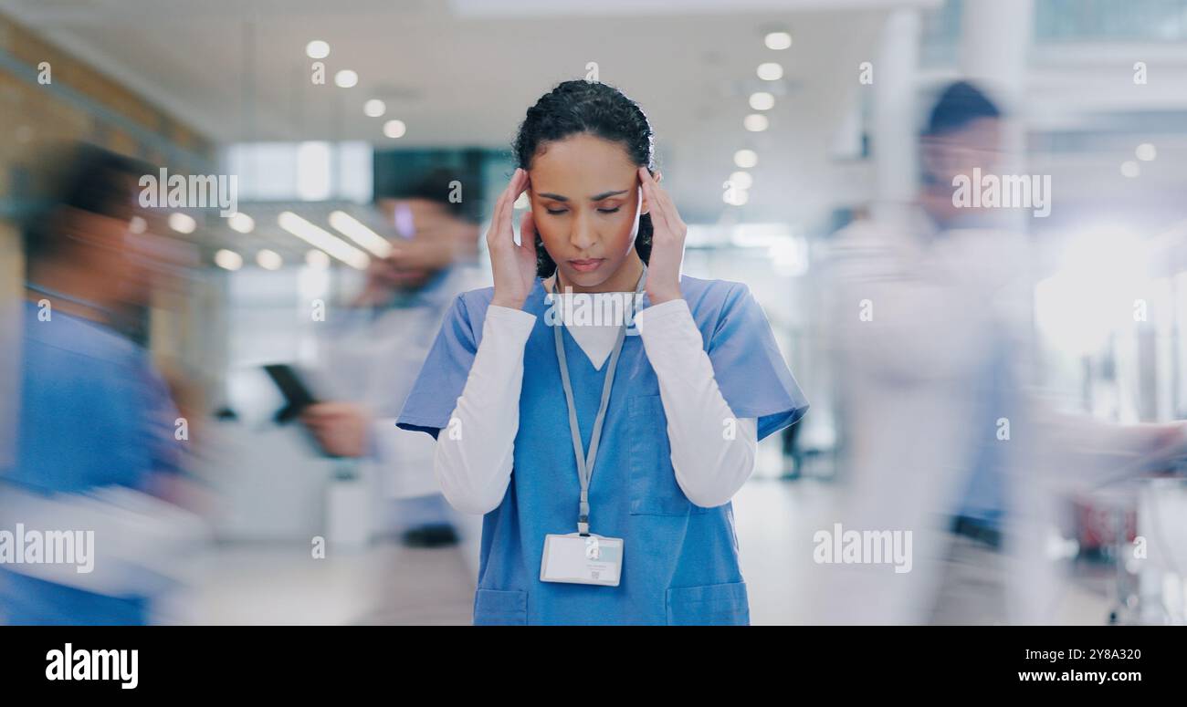 Nurse, woman and headache in hospital with stress of medical mistake ...