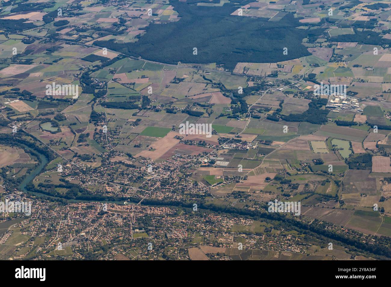 Aerial view over Toulouse city and the Occitania region in the south of ...