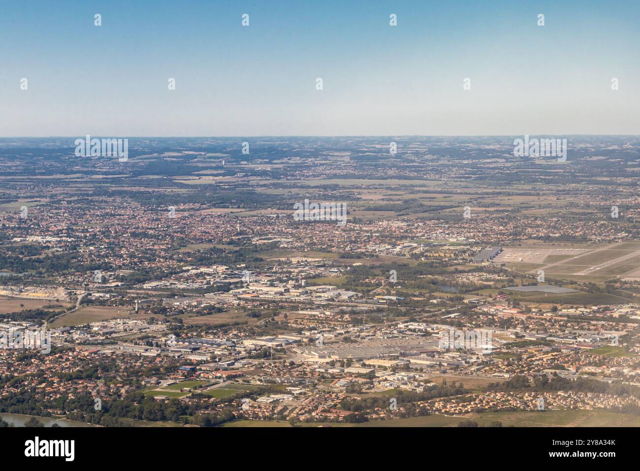 Aerial view over Toulouse city and the Occitania region in the south of ...