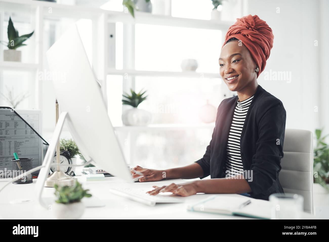 Black woman, computer and thinking in office with SEO and content ...