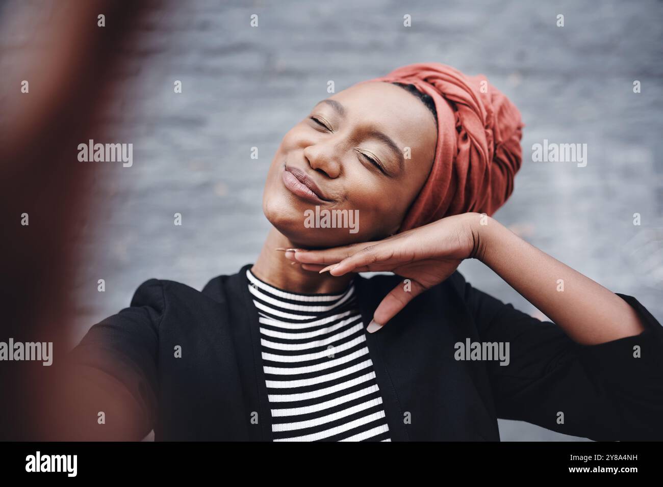 Portrait, black woman and selfie outdoor with smile with confidence in ...