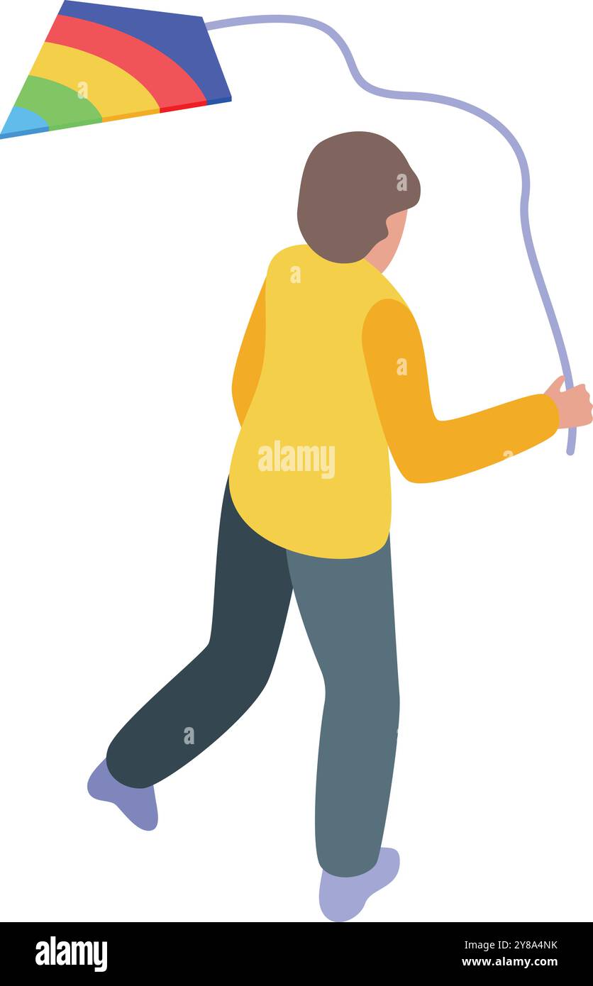 Young boy is running with a kite on a string, enjoying a windy day ...