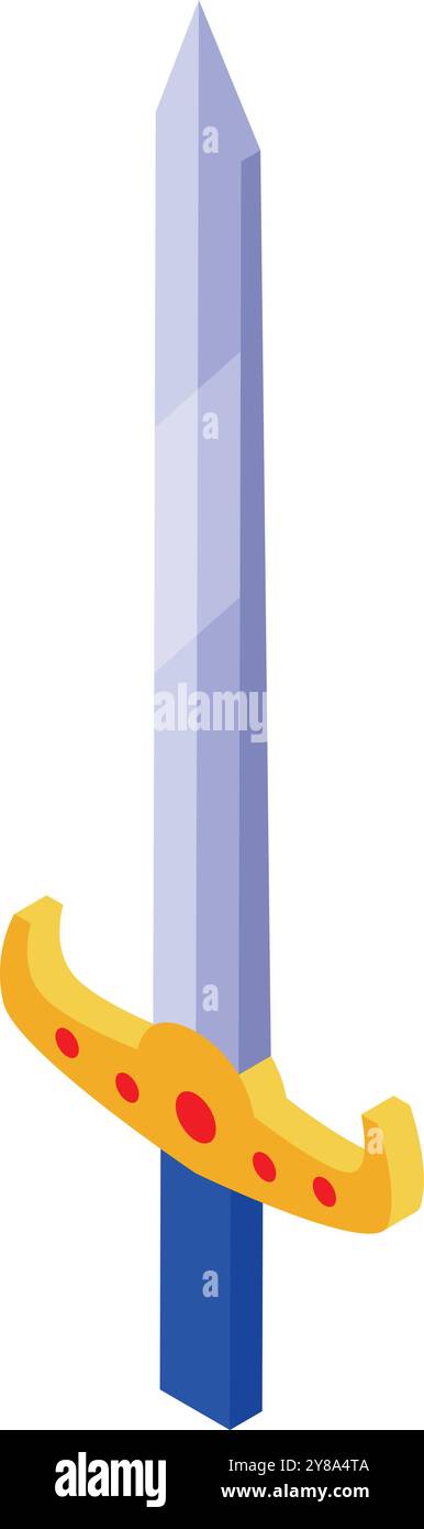 Sharp metal sword standing upright with golden hilt and blue handle ...