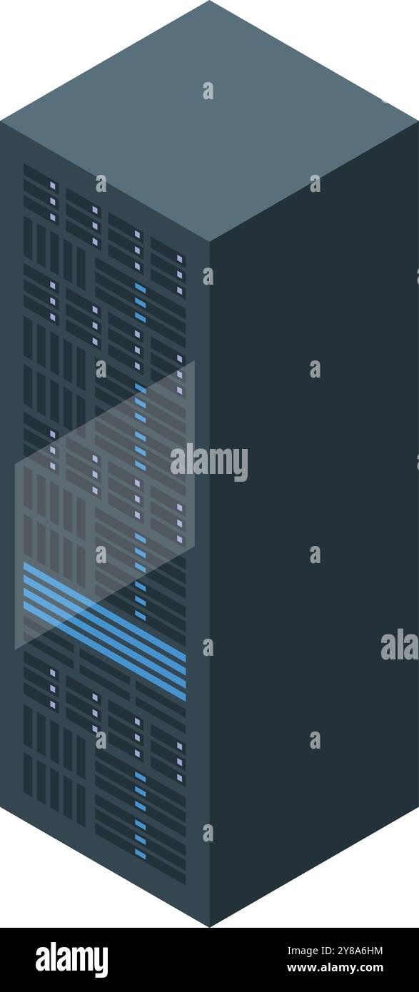 Modern server tower is storing big data with indicator lights flashing in an isometric view ...