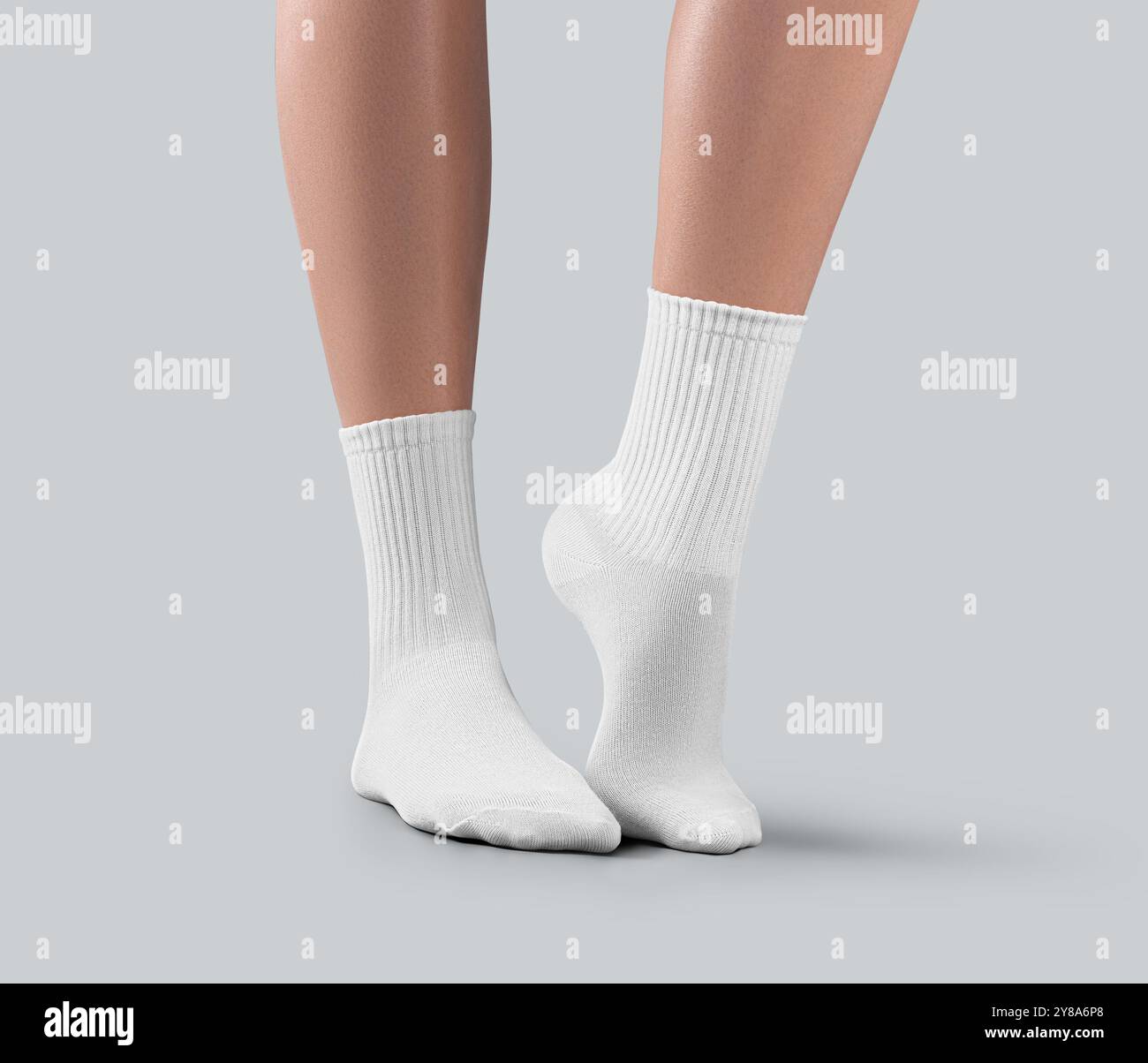 Mockup of white medium socks on women's feet on tiptoes, isolated on ...