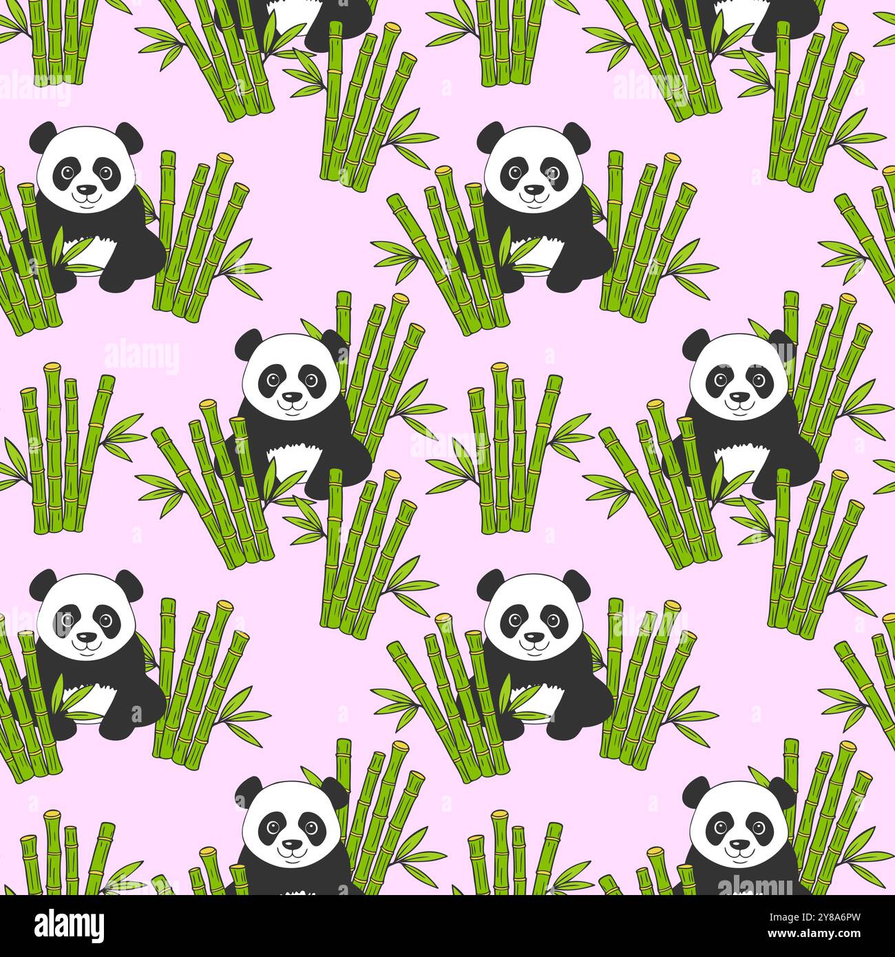 Pattern With Cute Panda And Bamboo Shoots Pattern On Pink Background