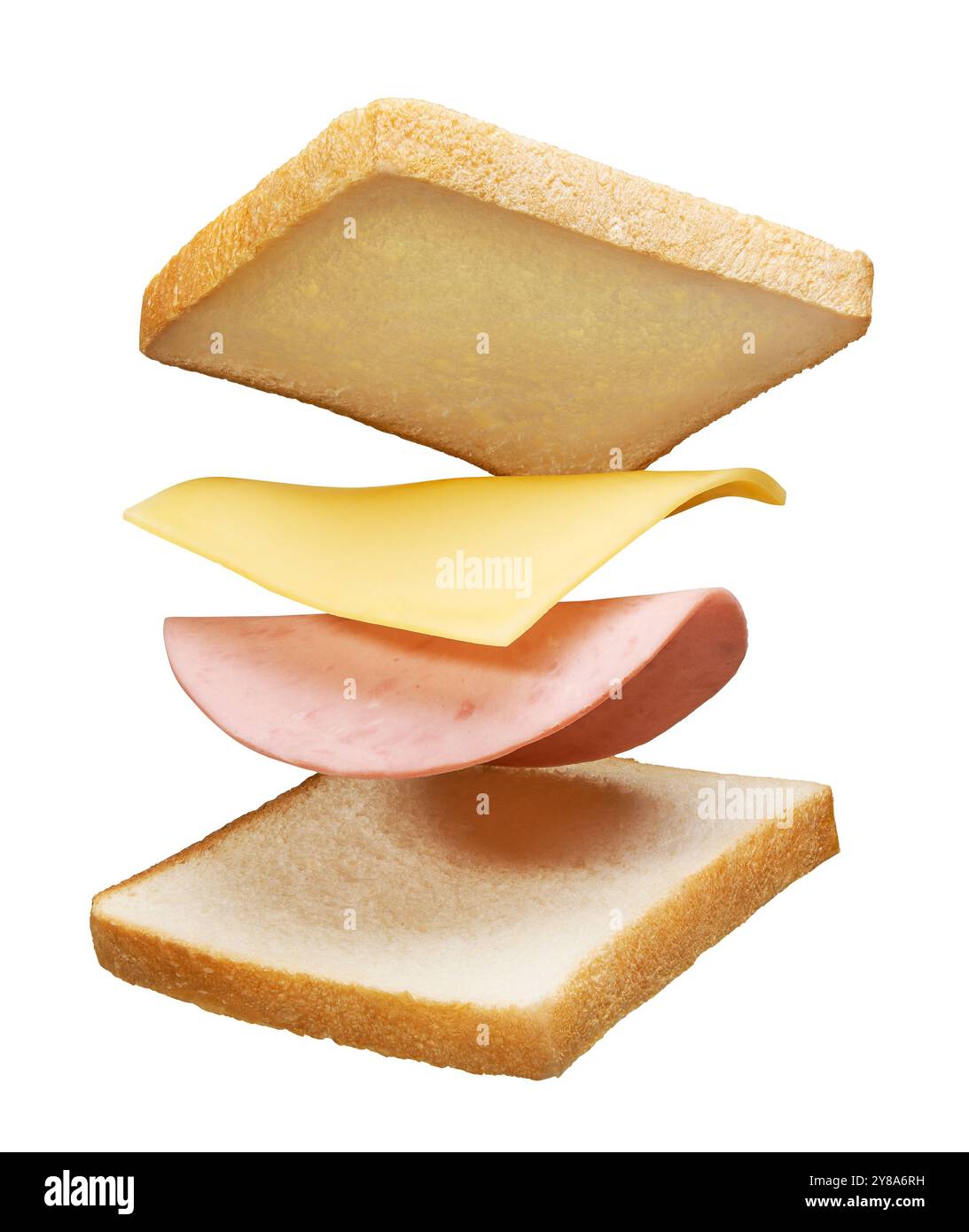 Ham and cheese sandwich ingredients falling into place isolated ...