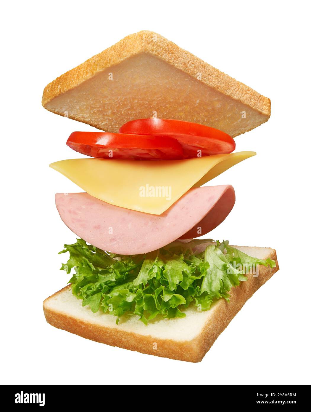 Sandwich with floating ingredients isolated on white background Stock ...