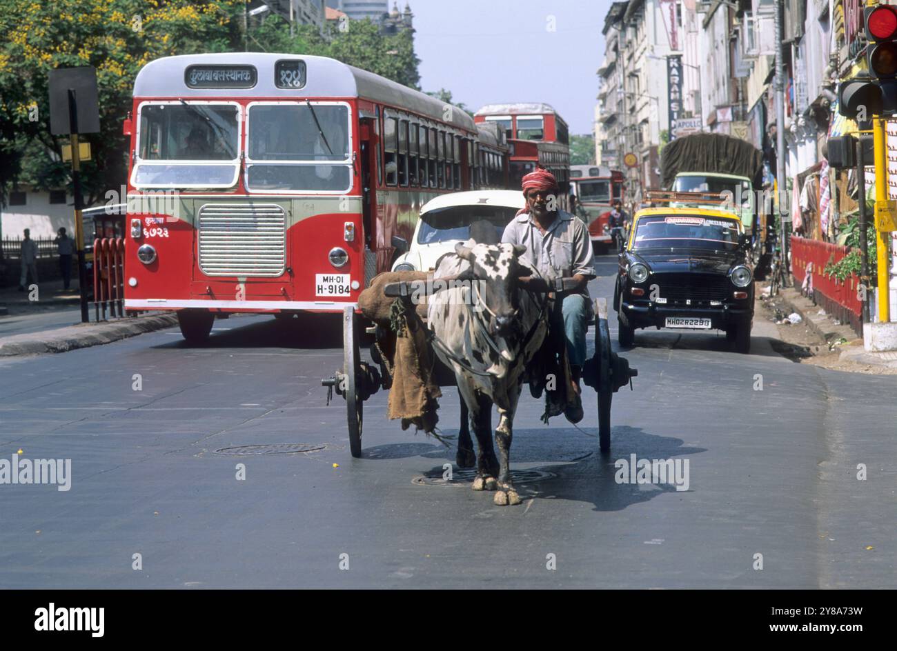 India, Bombay/Mumbai, generic, road traffic, modern bus and traditional ...