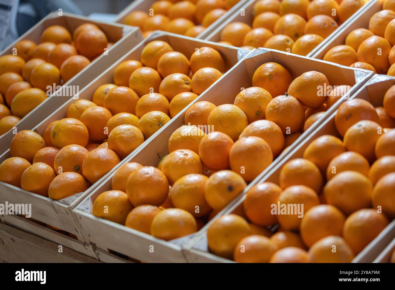Wooden Boxes and Containers filled with Oranges Stock Photo - Alamy